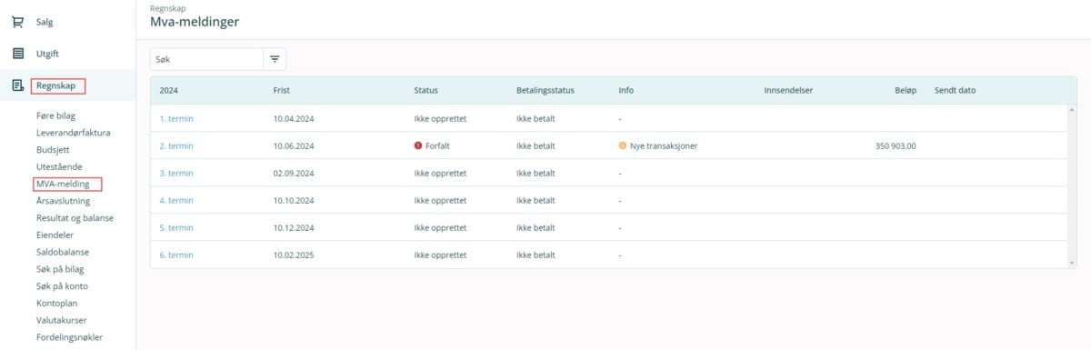 Oversikt over mva-meldinger i Eika Regnskap